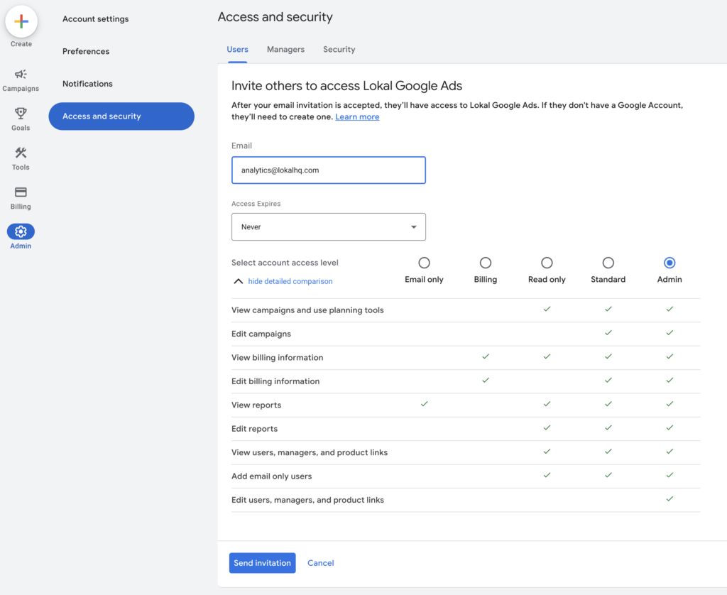 Granting access to Google Ads — Lokal